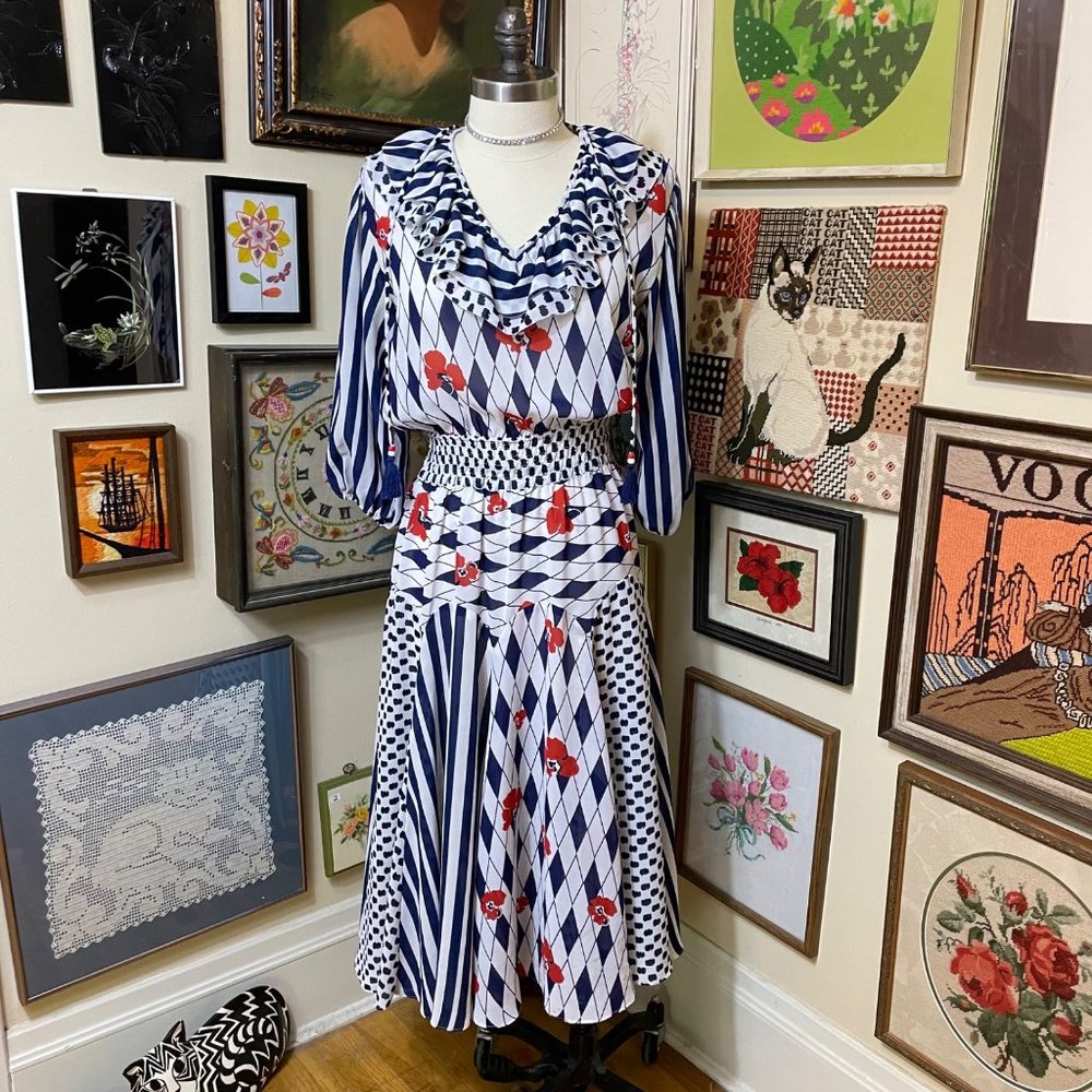 80s Vintage Diane Freis Blue White Red Poppy Print Se… - Gem